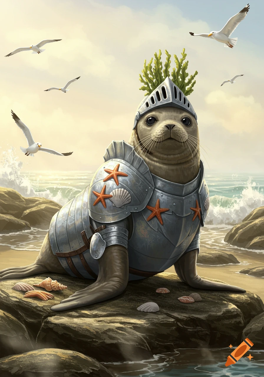 A seal dressed as a knight, wearing armor with starfish and a helmet ...