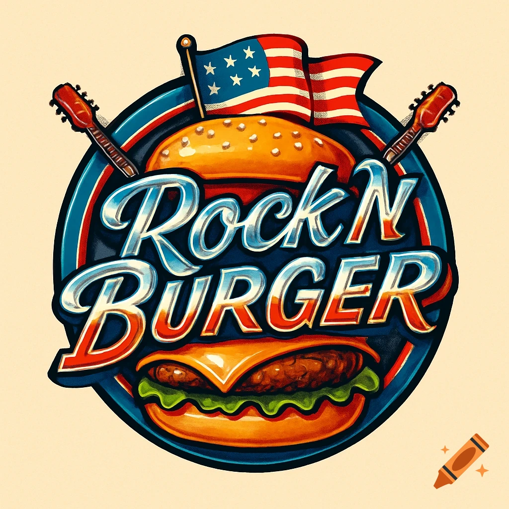 A retro-style logo for 'Rock N Burger' featuring a hamburger, two ...