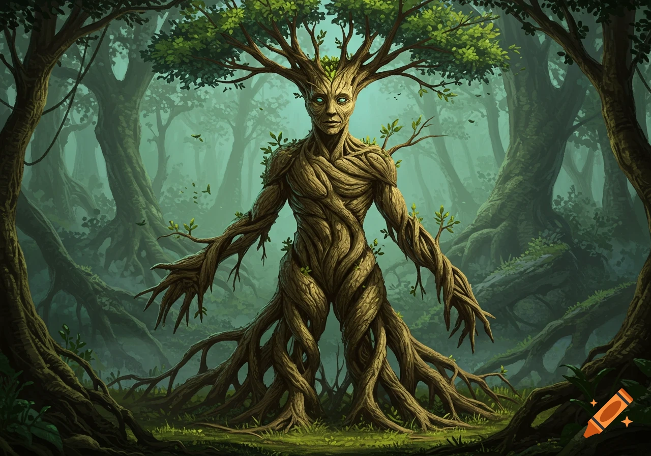 A humanoid figure made of entwined tree roots and branches stands in a ...