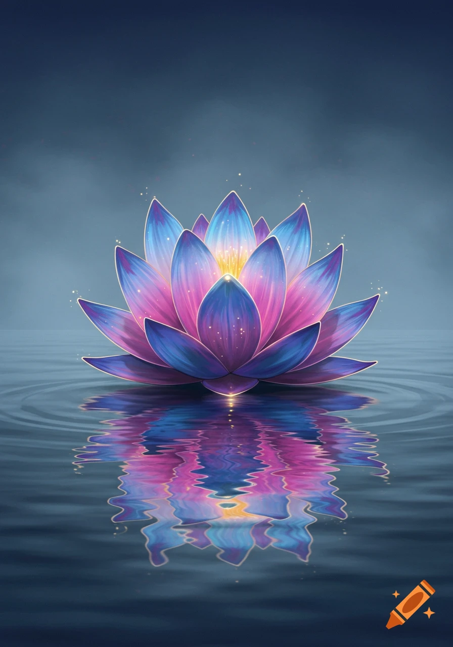 A vibrant, glowing abstract lotus flower with purple and blue petals reflected on rippling dark ...