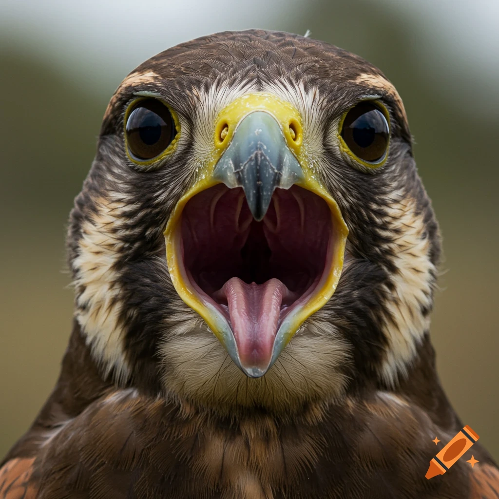 Ultra-realistic close-up photo of a Peale's falcon with its mouth wide ...