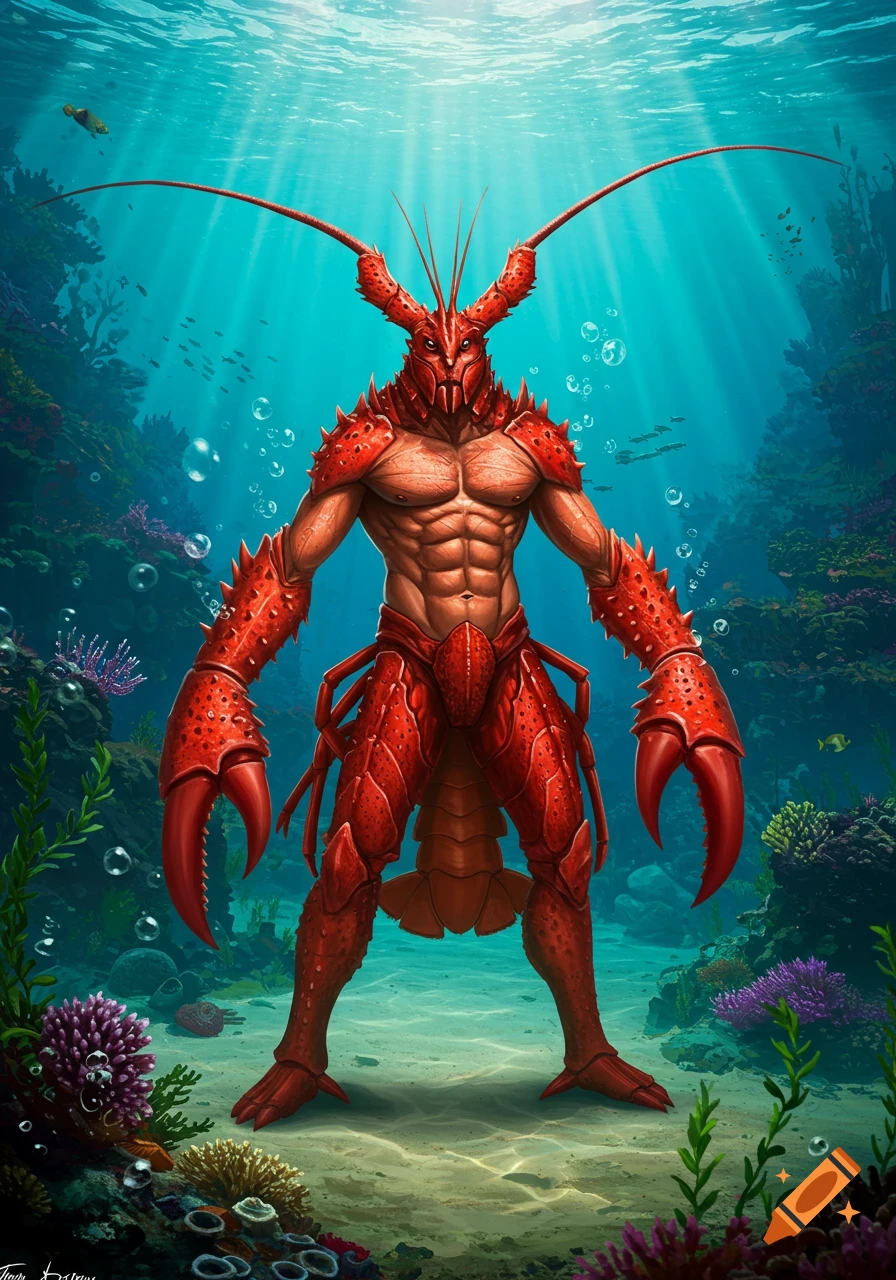 A muscular red lobster-humanoid stands on the seafloor among colorful ...