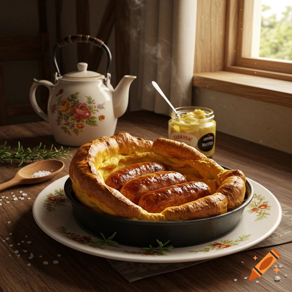 A hot toad in the hole dish with three sausages in a golden Yorkshire ...