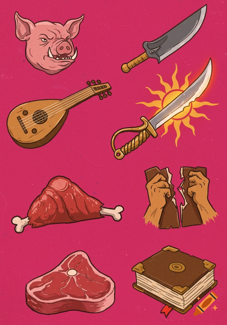Eight fantasy-themed icons on a hot pink background: a pig's head, two ...