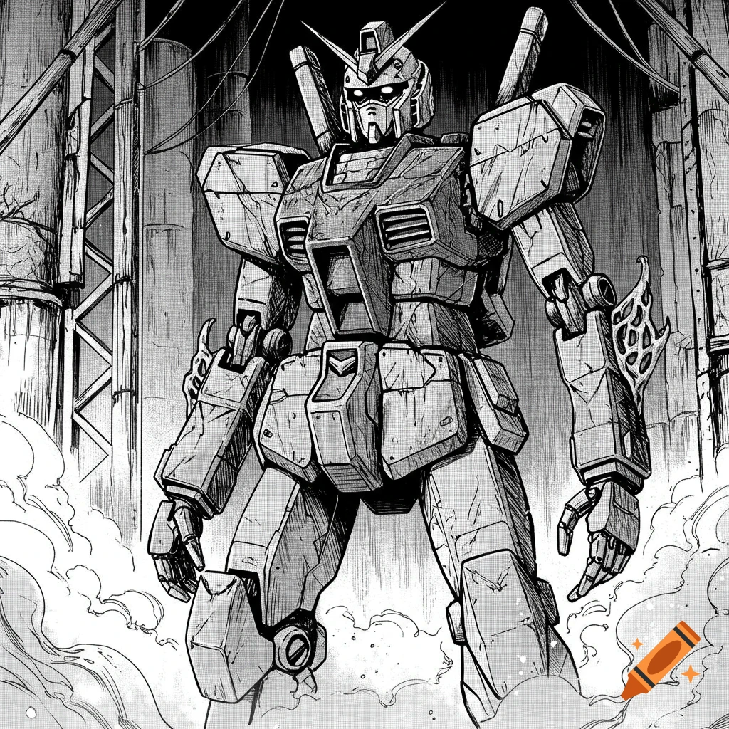 A detailed black and white manga drawing of a weathered Gundam-style ...