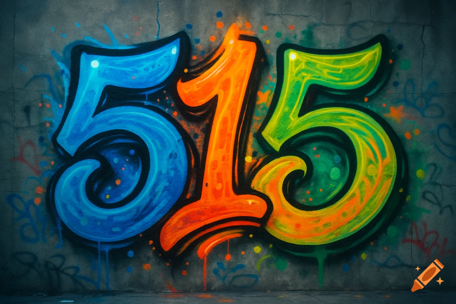 Colorful graffiti numbers 515 painted on a textured concrete wall, with ...