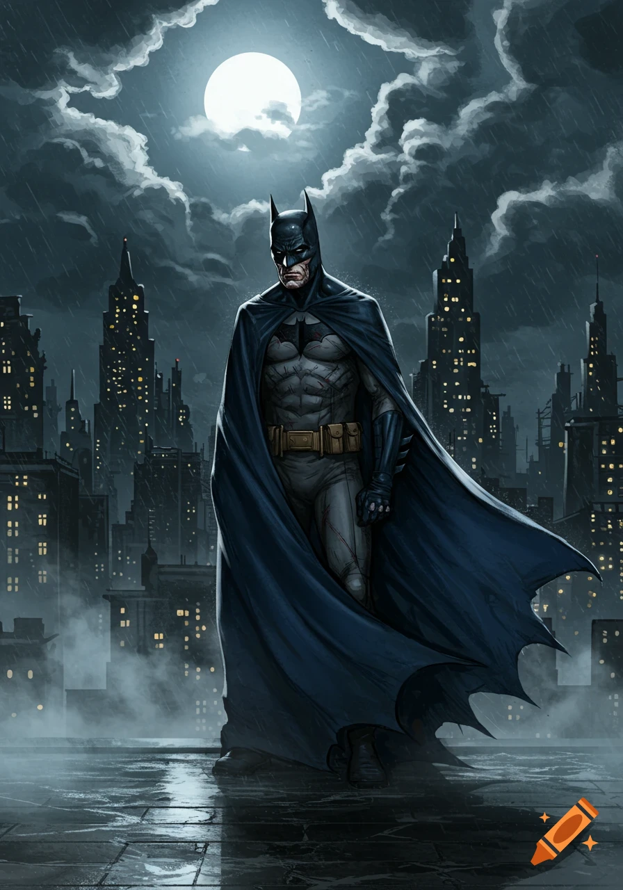 Batman, looking old and tired, stands on a rainy city rooftop at night ...