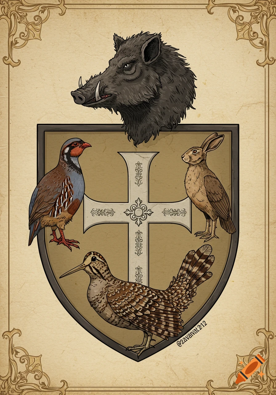Heraldic shield with a wild boar head above, featuring a Caravaca cross ...