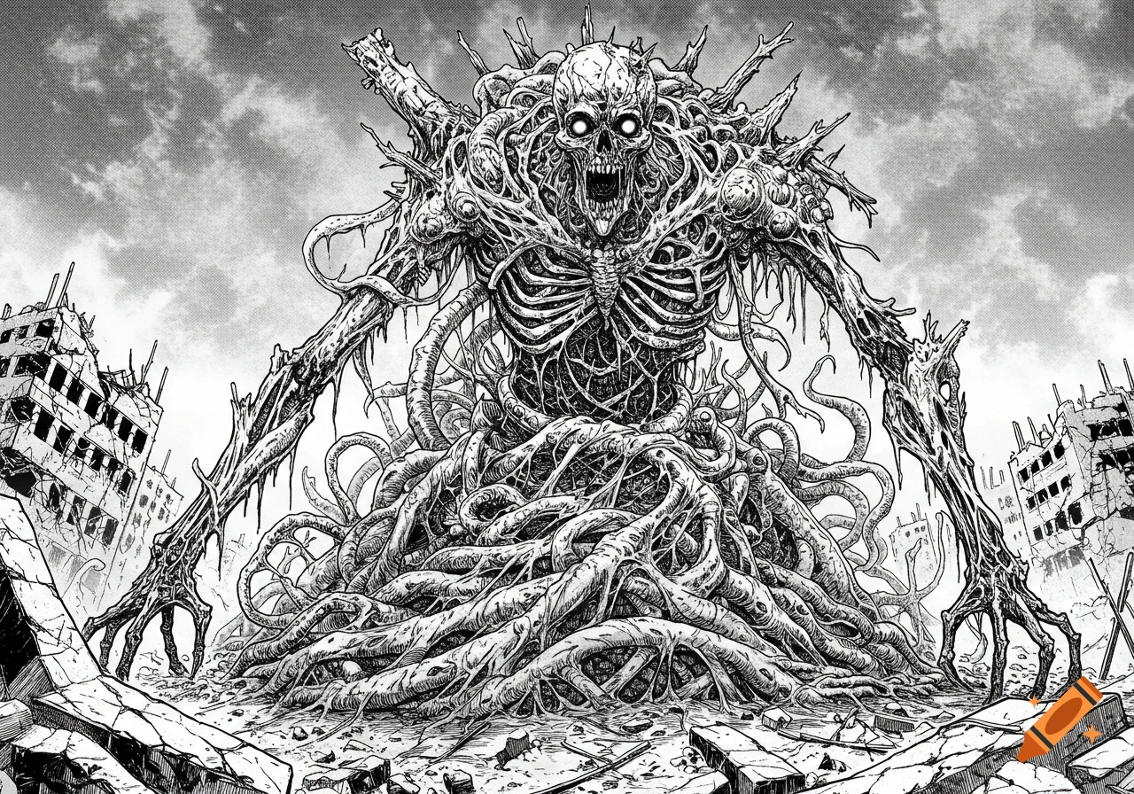 A grotesque skeletal monster with glowing eyes, made of roots and sinew ...