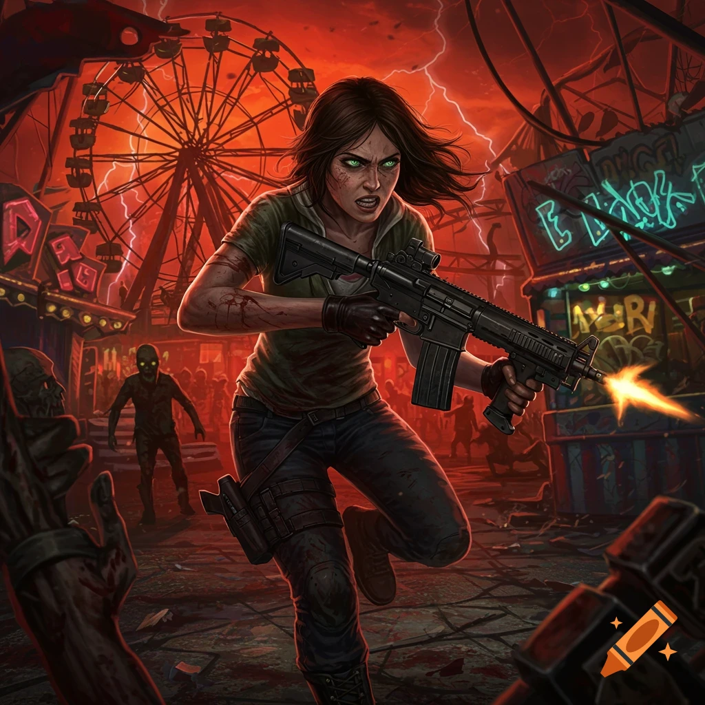 A fierce woman with glowing green eyes, holding a rifle and firing ...