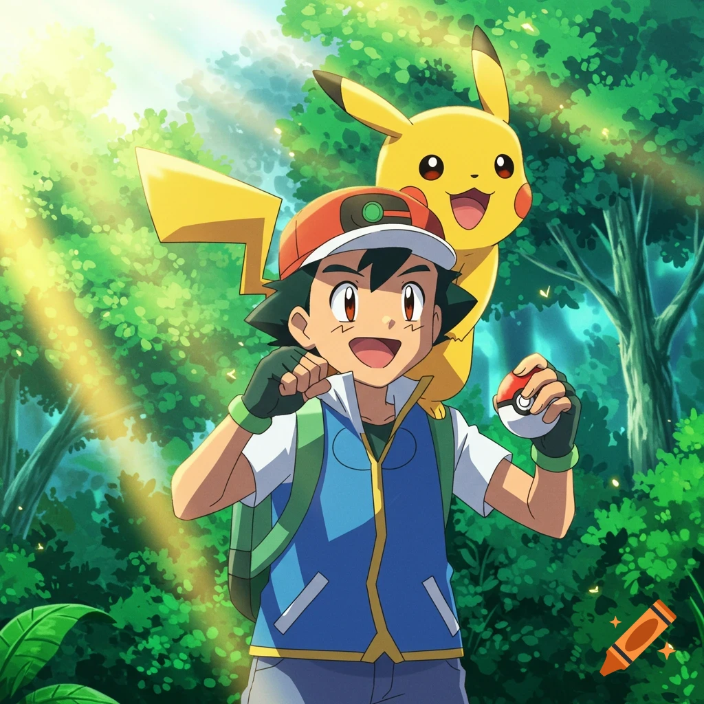 Smiling Ash, holding a Poké Ball, with Pikachu on his shoulder in a ...