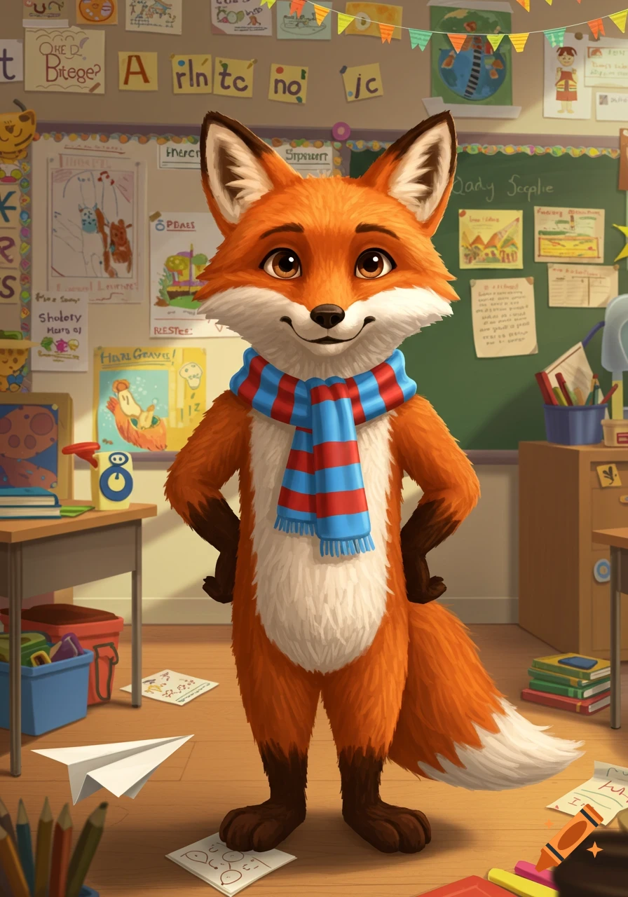 A friendly, anthropomorphic fox with a striped scarf stands in a ...