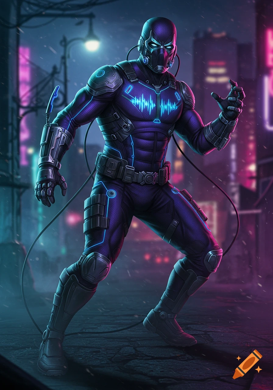A masked superhero in a purple and blue tactical suit with glowing ...