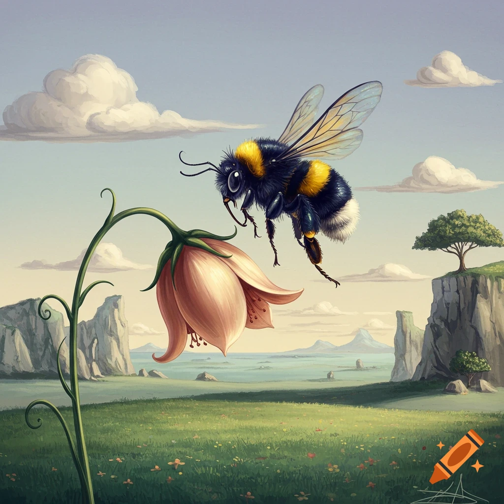 A stylized illustration of a fuzzy bumblebee hovering near a pink bell ...