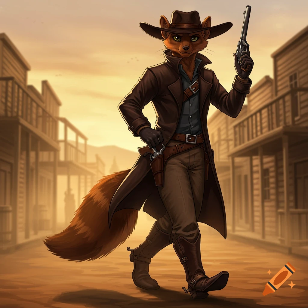 An anthropomorphic pine marten cowboy in a brown coat and hat walks ...