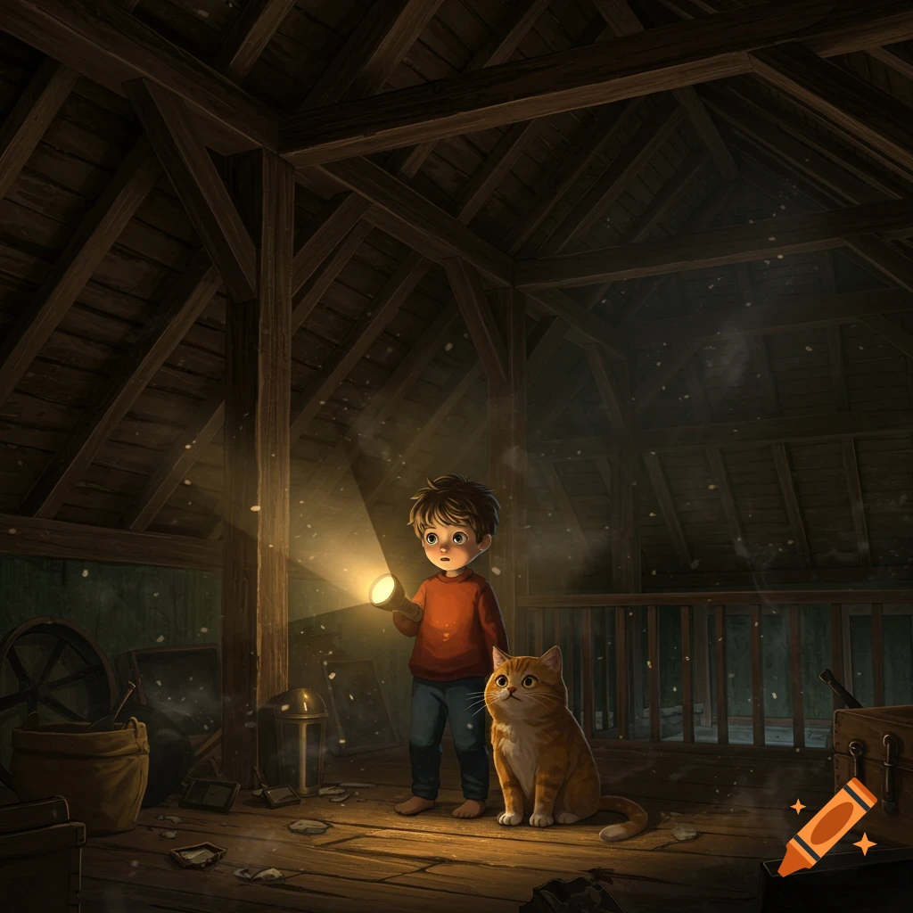 An illustration of a young boy with a flashlight and his orange tabby ...