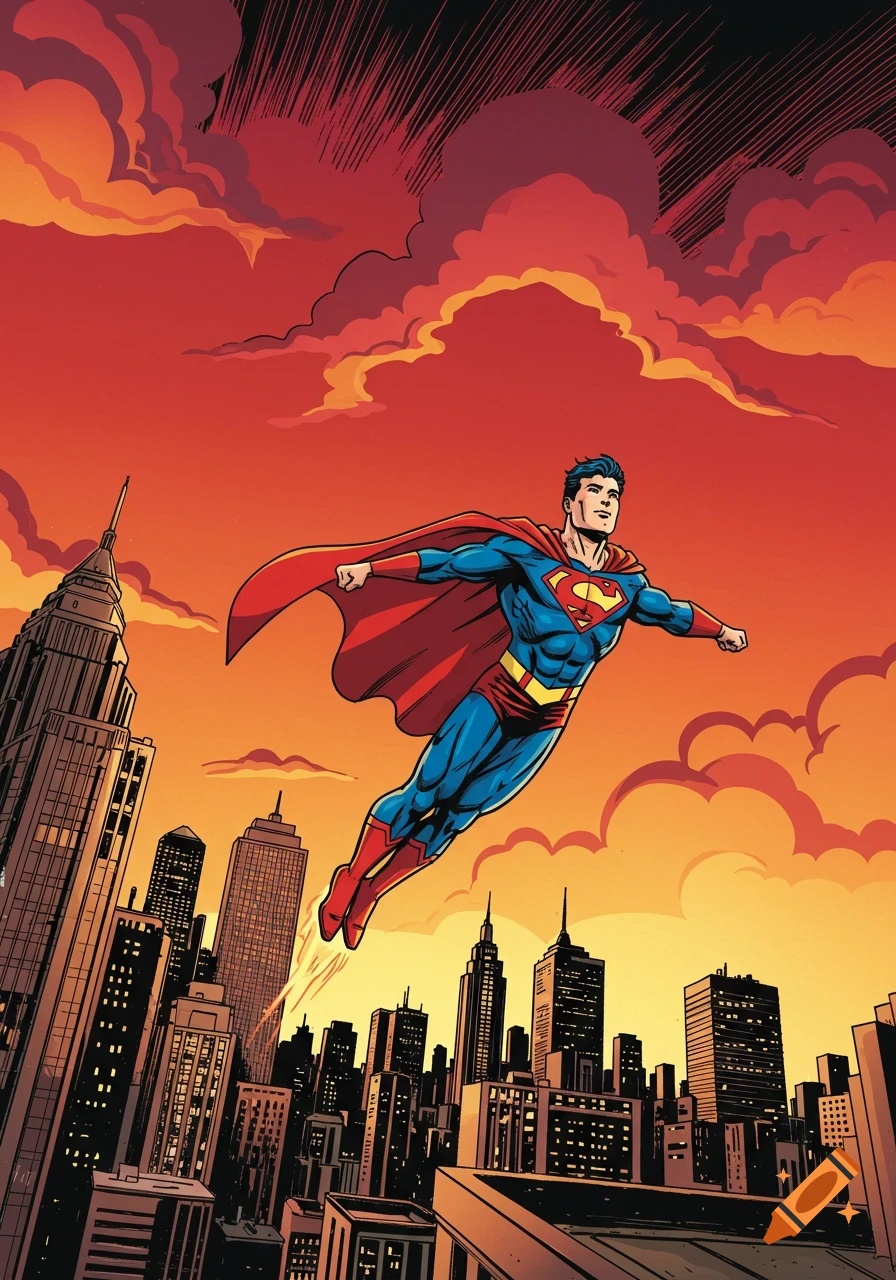 Superman flies heroically over a city skyline against a vibrant red and ...