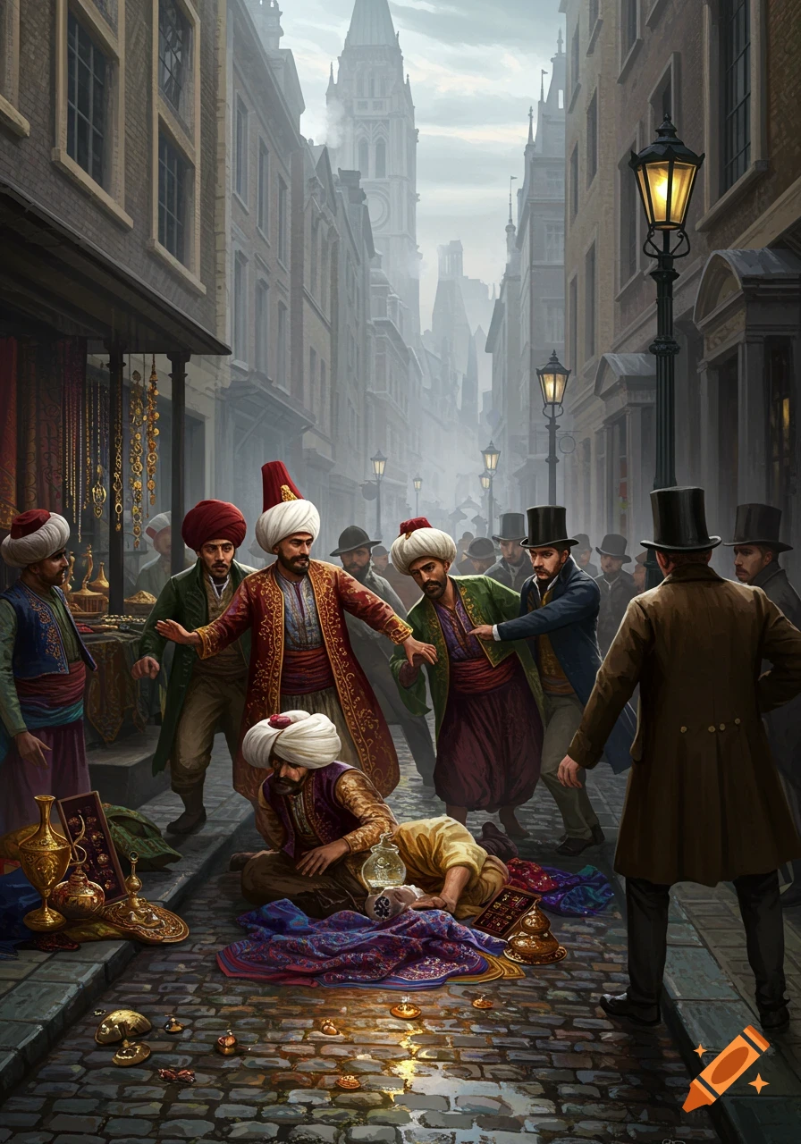 Digital painting of Ottoman merchants and British gentlemen in a ...