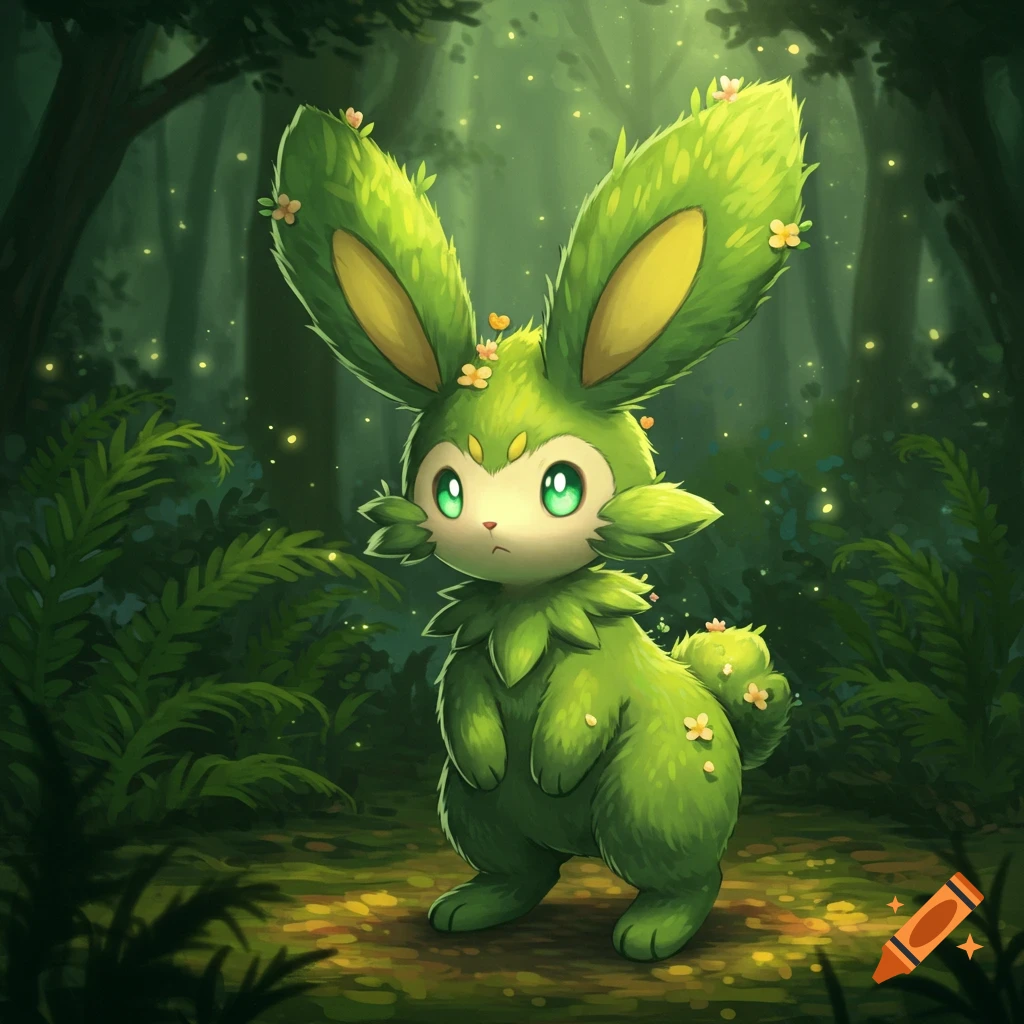 A cute, green, grass-covered rabbit-like Pokemon with big ears and ...