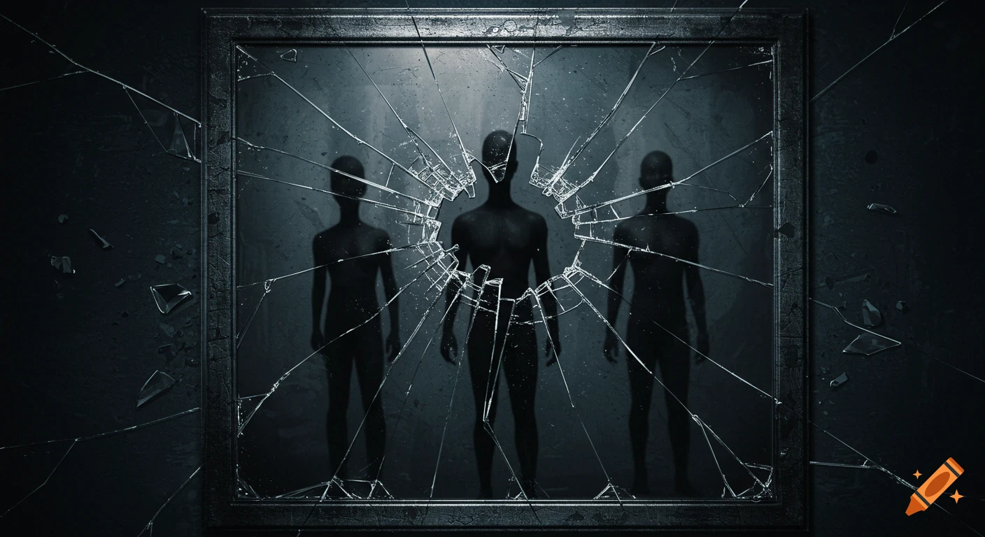Three dark, distorted human silhouettes reflected behind a shattered ...