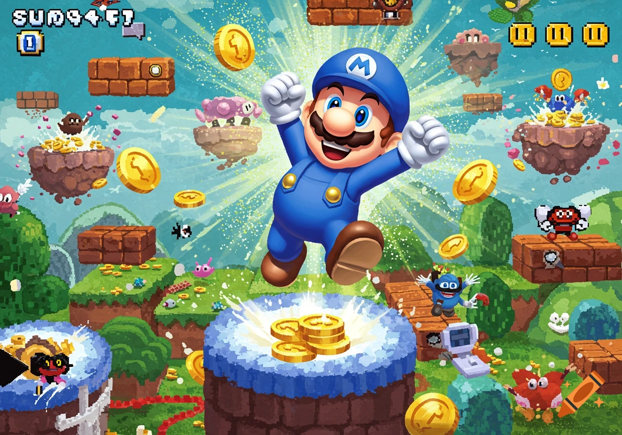 A blue-suited Mario jumps enthusiastically in a vibrant, cartoonish ...