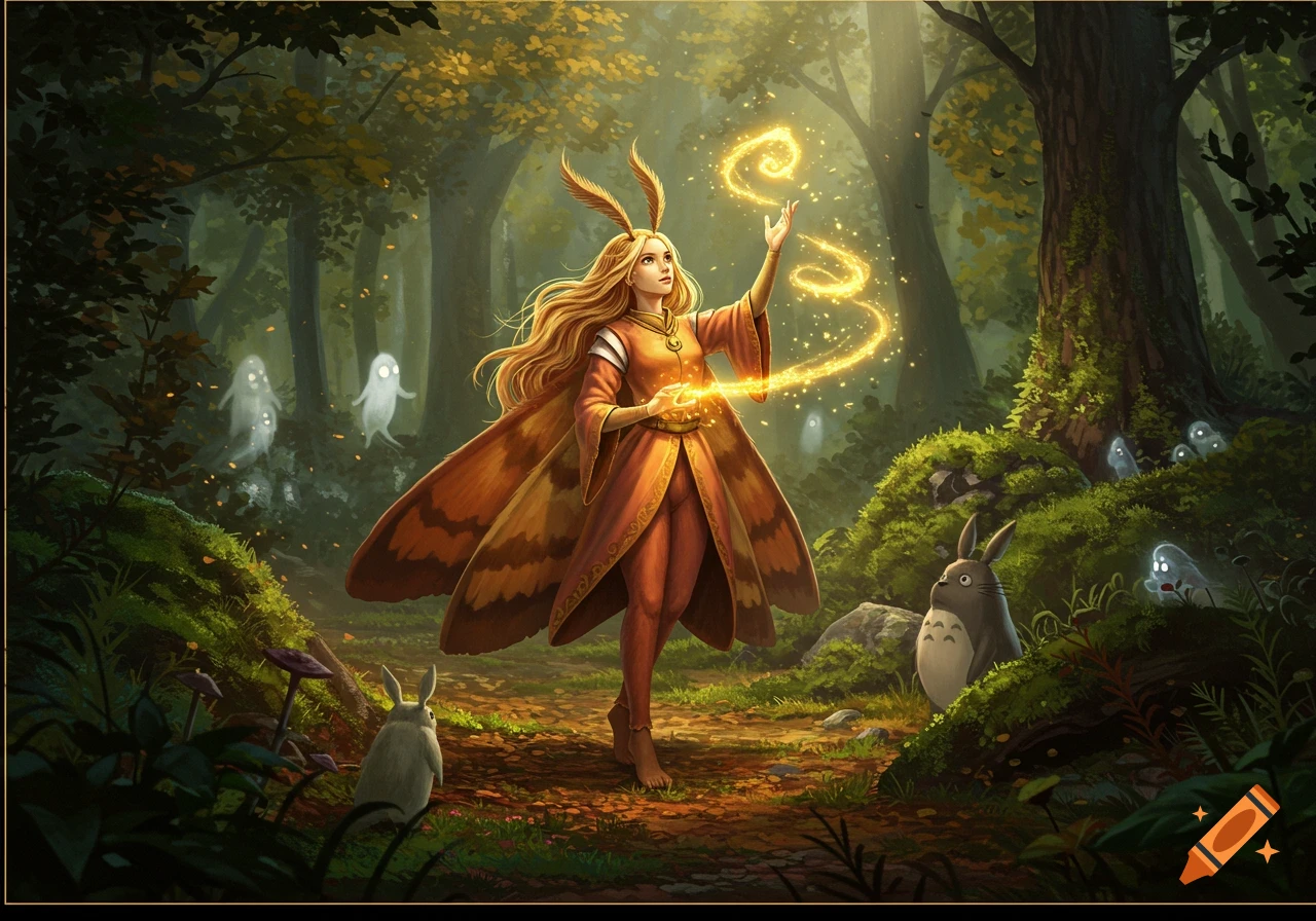 A blonde moth magician in a brown and orange outfit casts a glowing ...