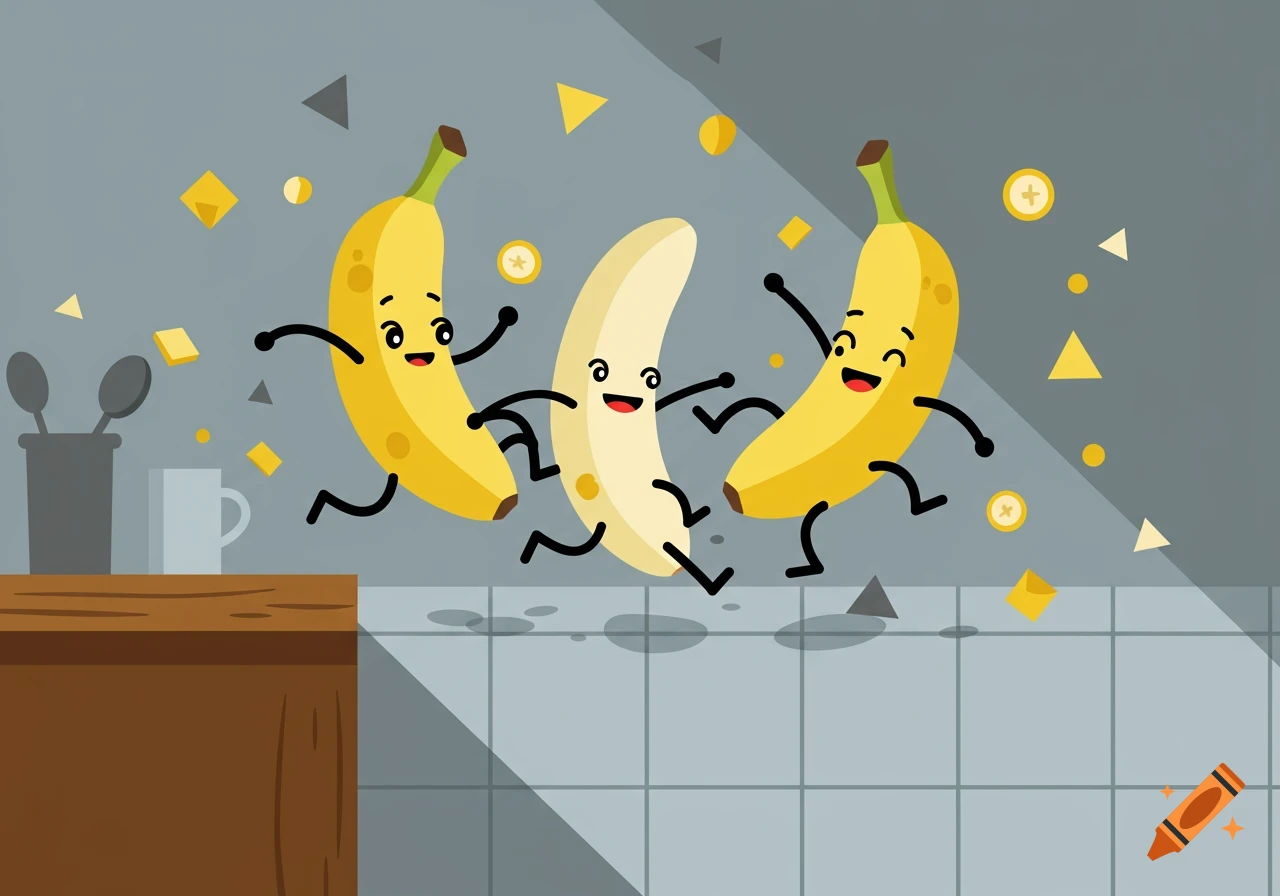Three happy, animated bananas, one peeled, dance and run on a kitchen ...