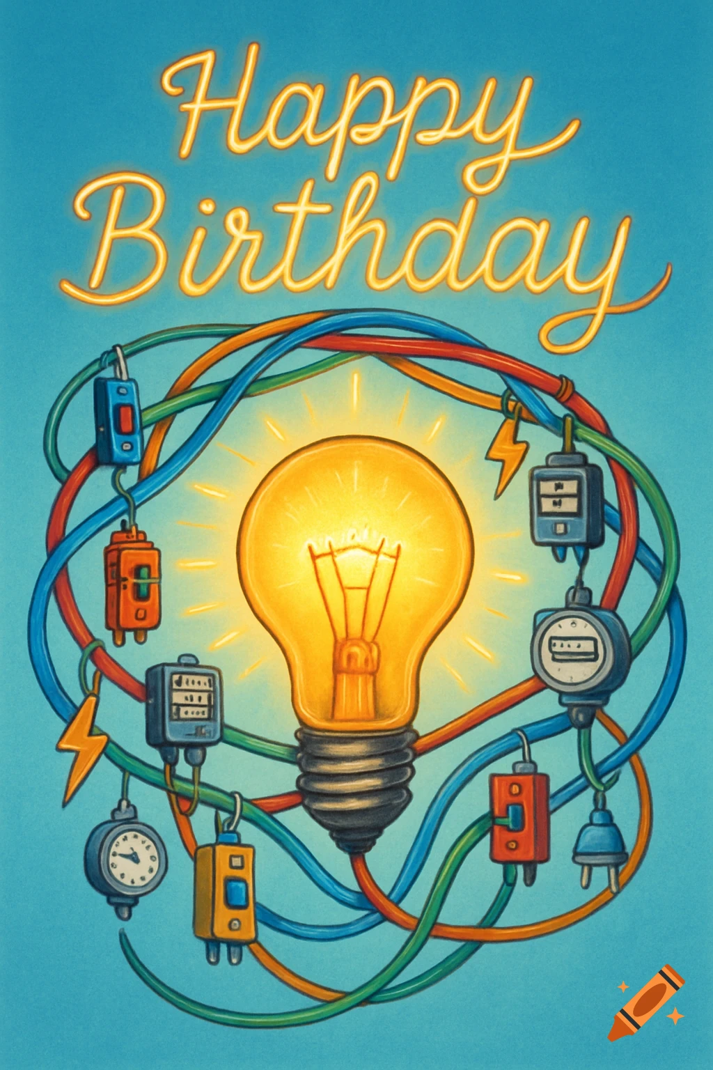 An illustration of a glowing lightbulb with colorful electrical wires ...