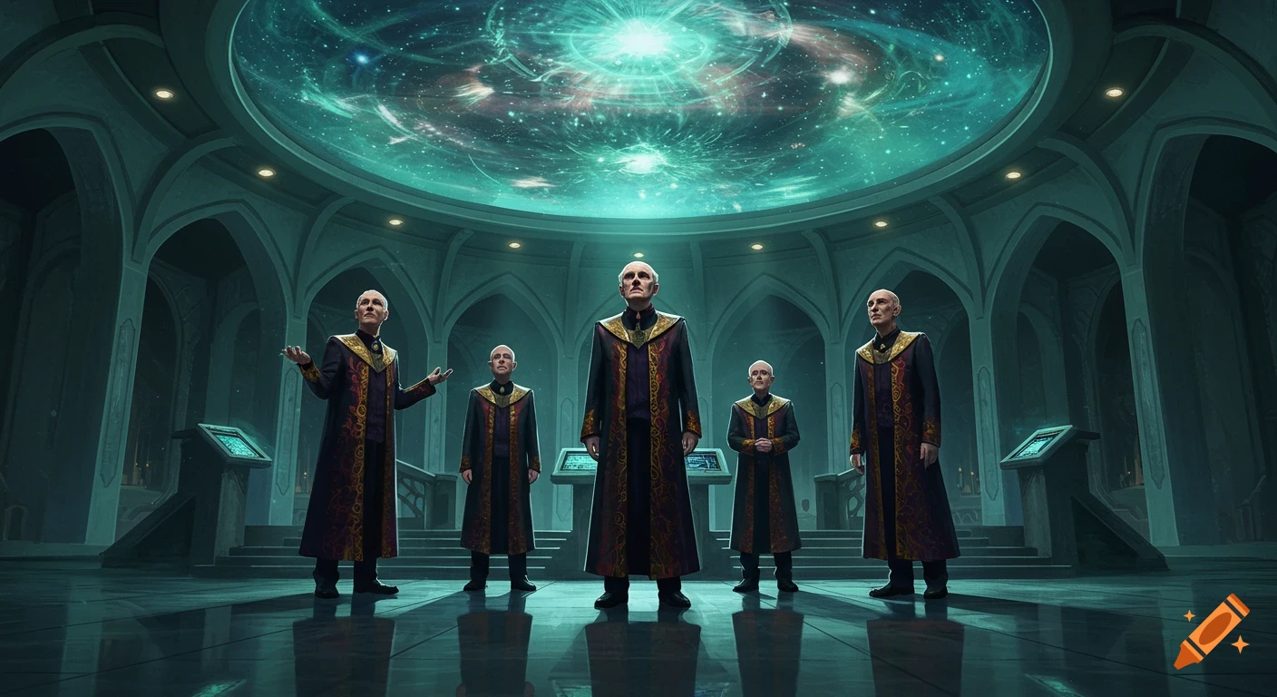 Five bald men in ornate robes stand in a grand, futuristic chamber ...