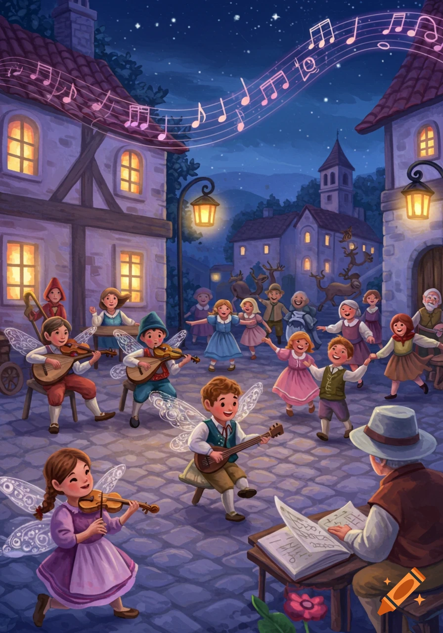 An illustration of fairy children and adults in a village square at ...