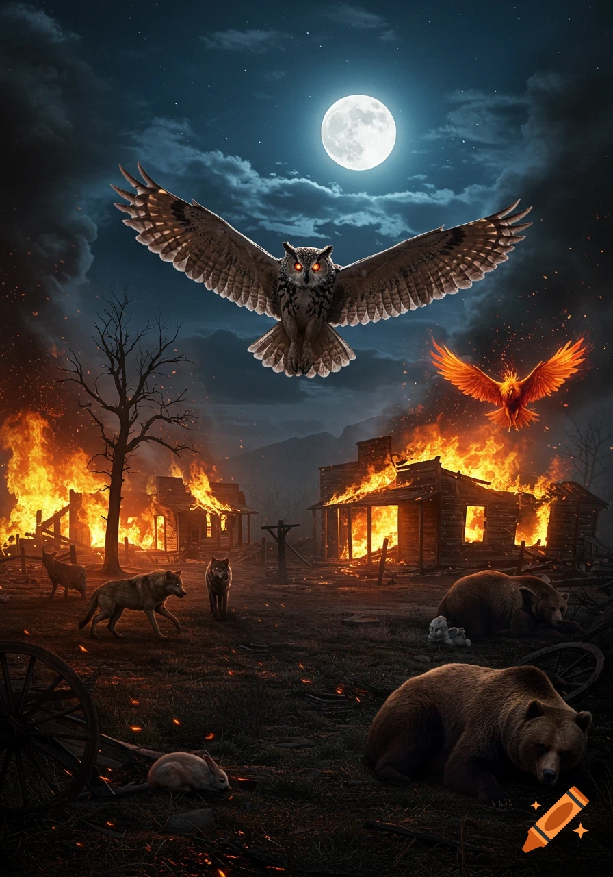 A dramatic photorealistic scene with an owl and phoenix flying over a ...