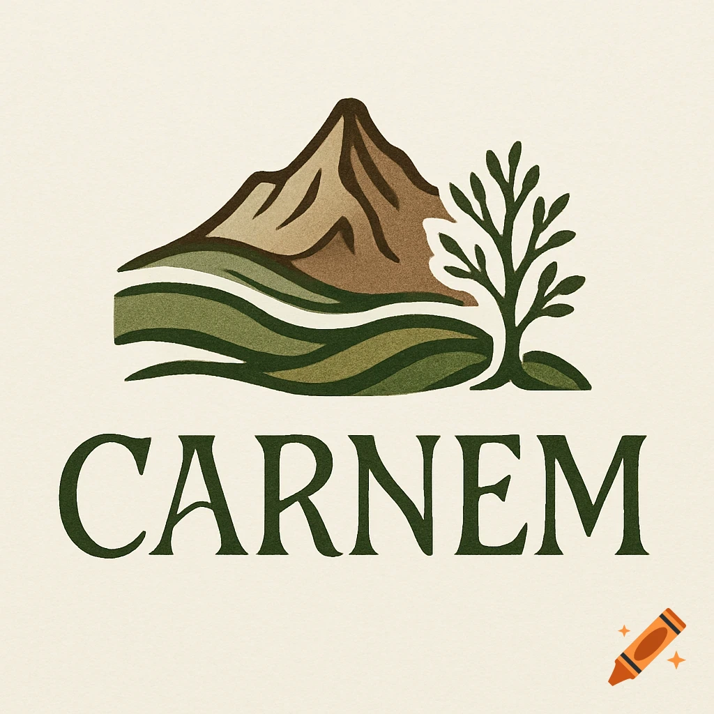 Stylized logo featuring a brown mountain, green layered fields, a lone ...