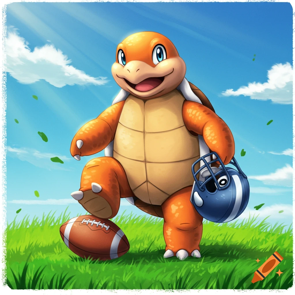 A happy orange turtle-like Pokémon (Carapuce/Squirtle) in a field ...
