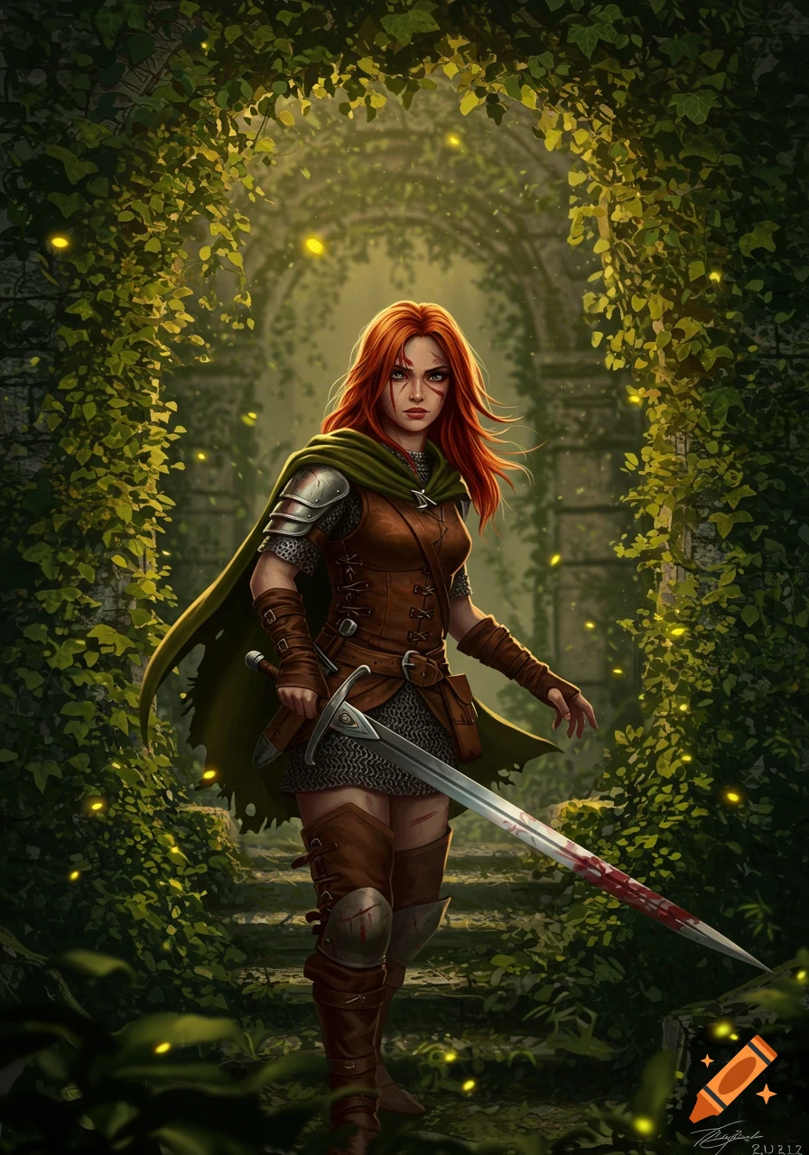 A red-haired warrior in fantasy armor holds a blood-stained sword ...