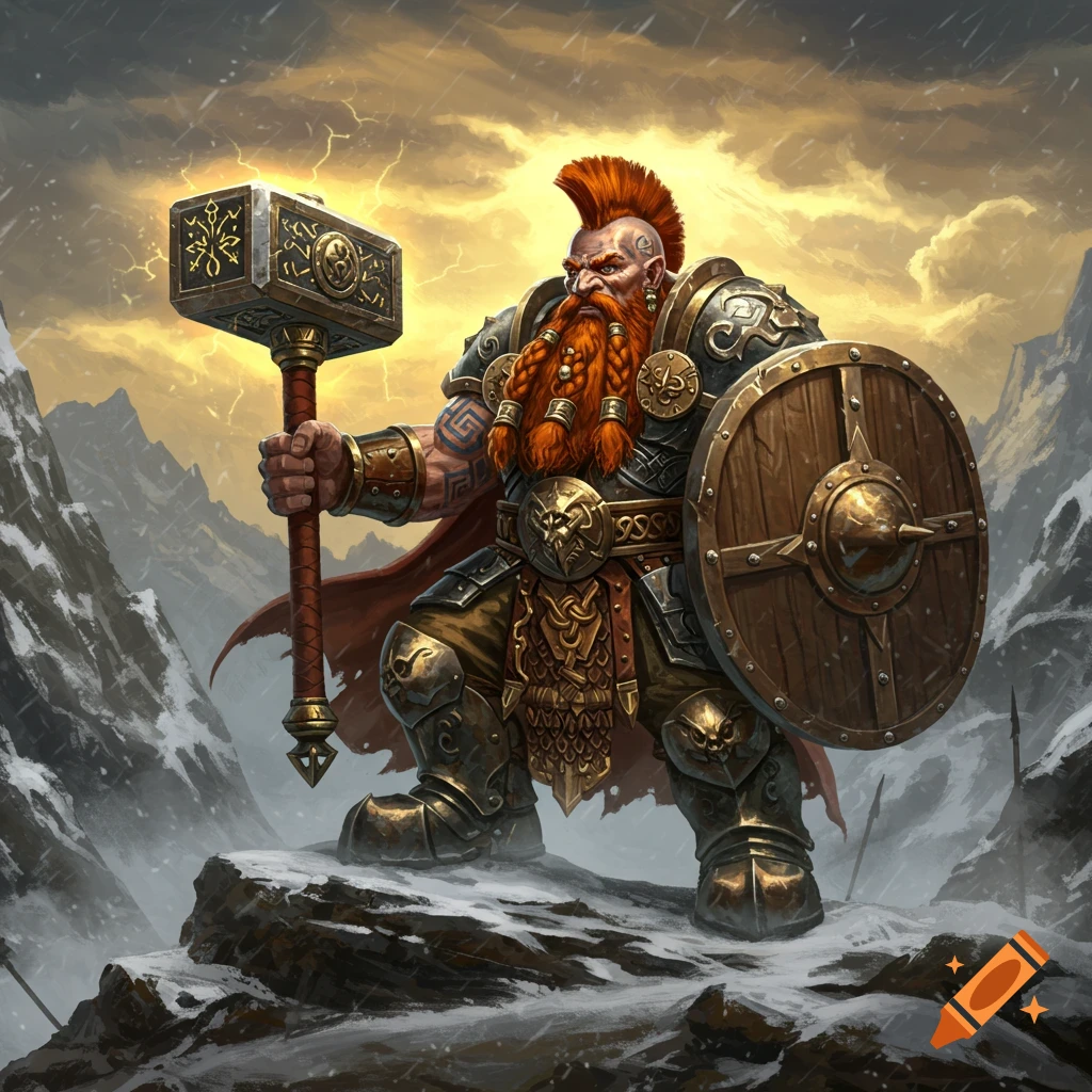 A fierce fantasy dwarf warrior with a red mohawk, braided beard, and ...