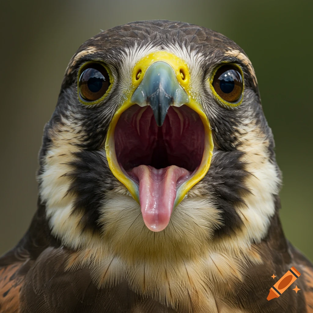 Ultra-realistic close-up photo of a Peale's falcon with its beak wide ...