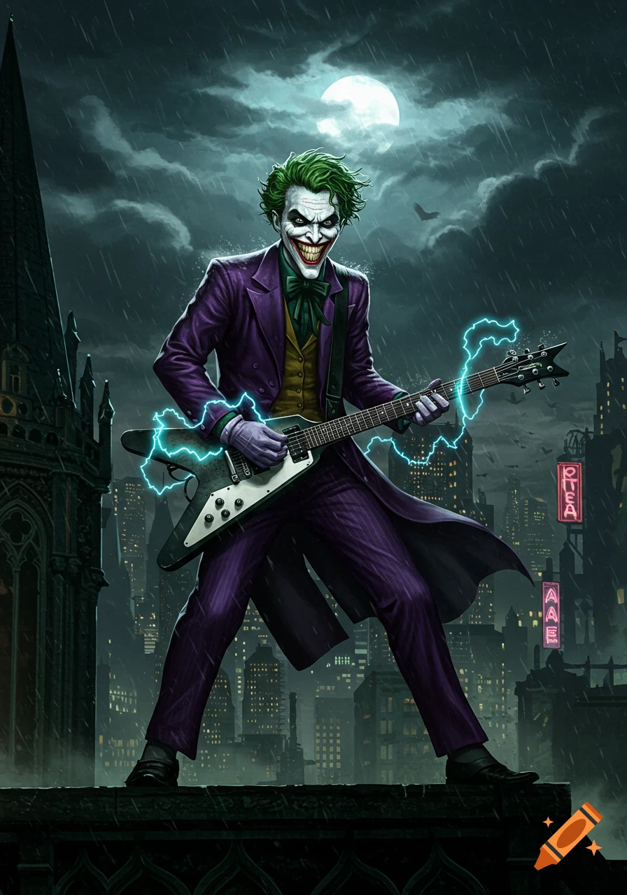 The Joker in a purple suit plays a lightning-infused Flying V guitar on ...