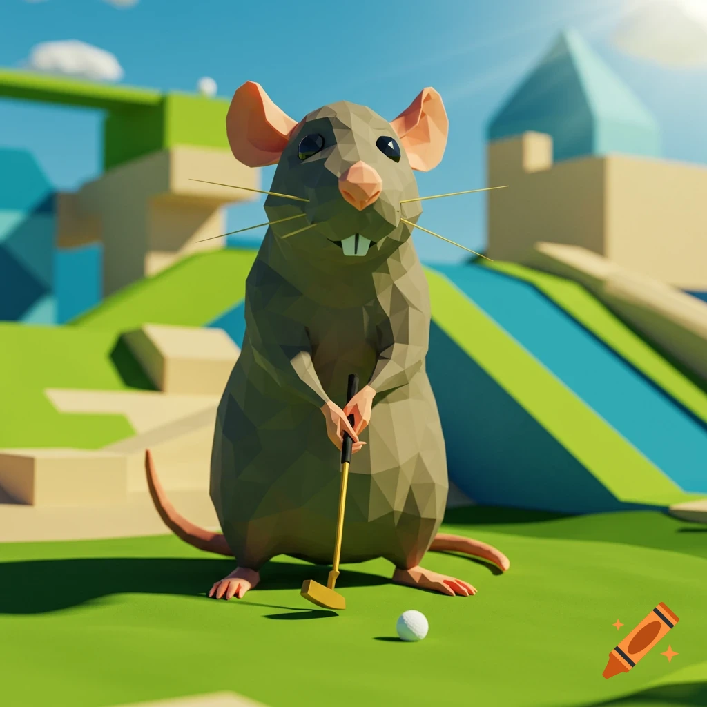 A low-poly rat playing golf on a green course under a sunny sky. on Craiyon