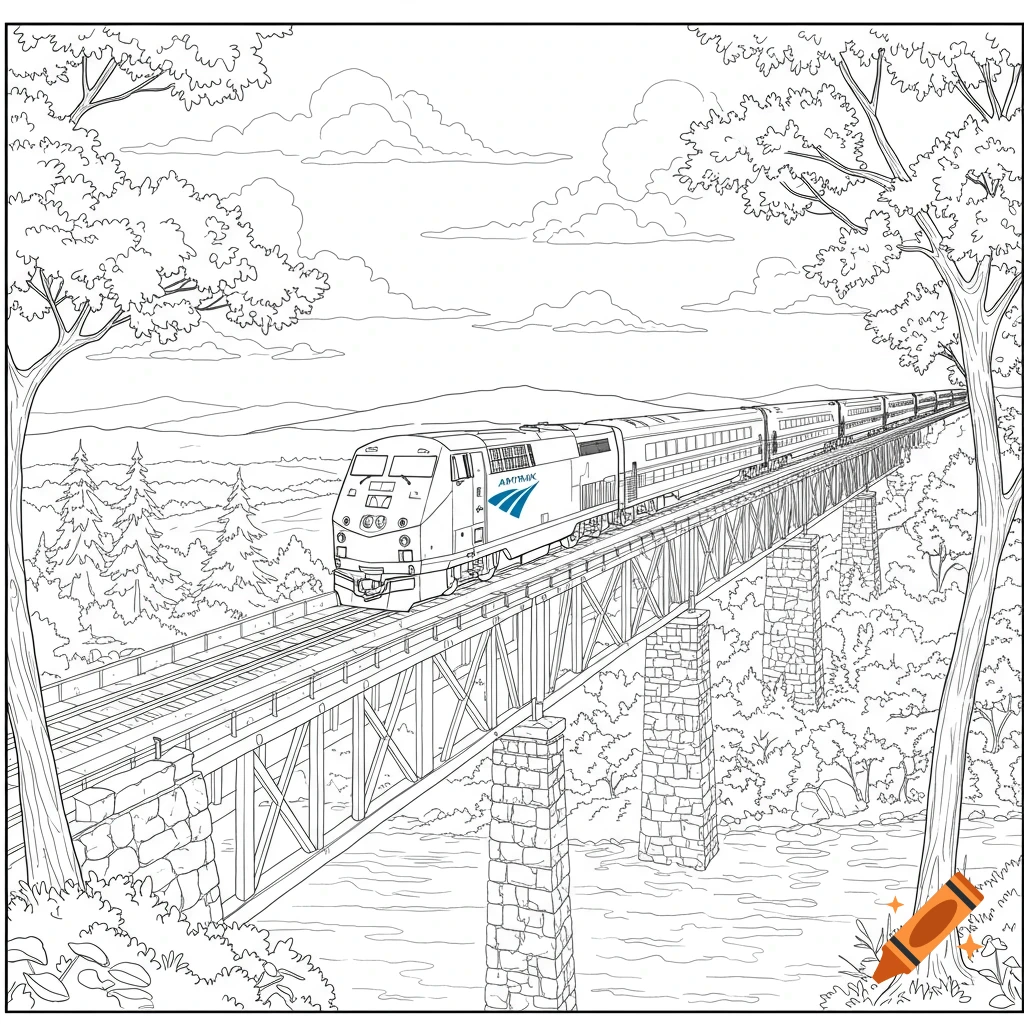 A black and white line art coloring page of an Amtrak train crossing a ...