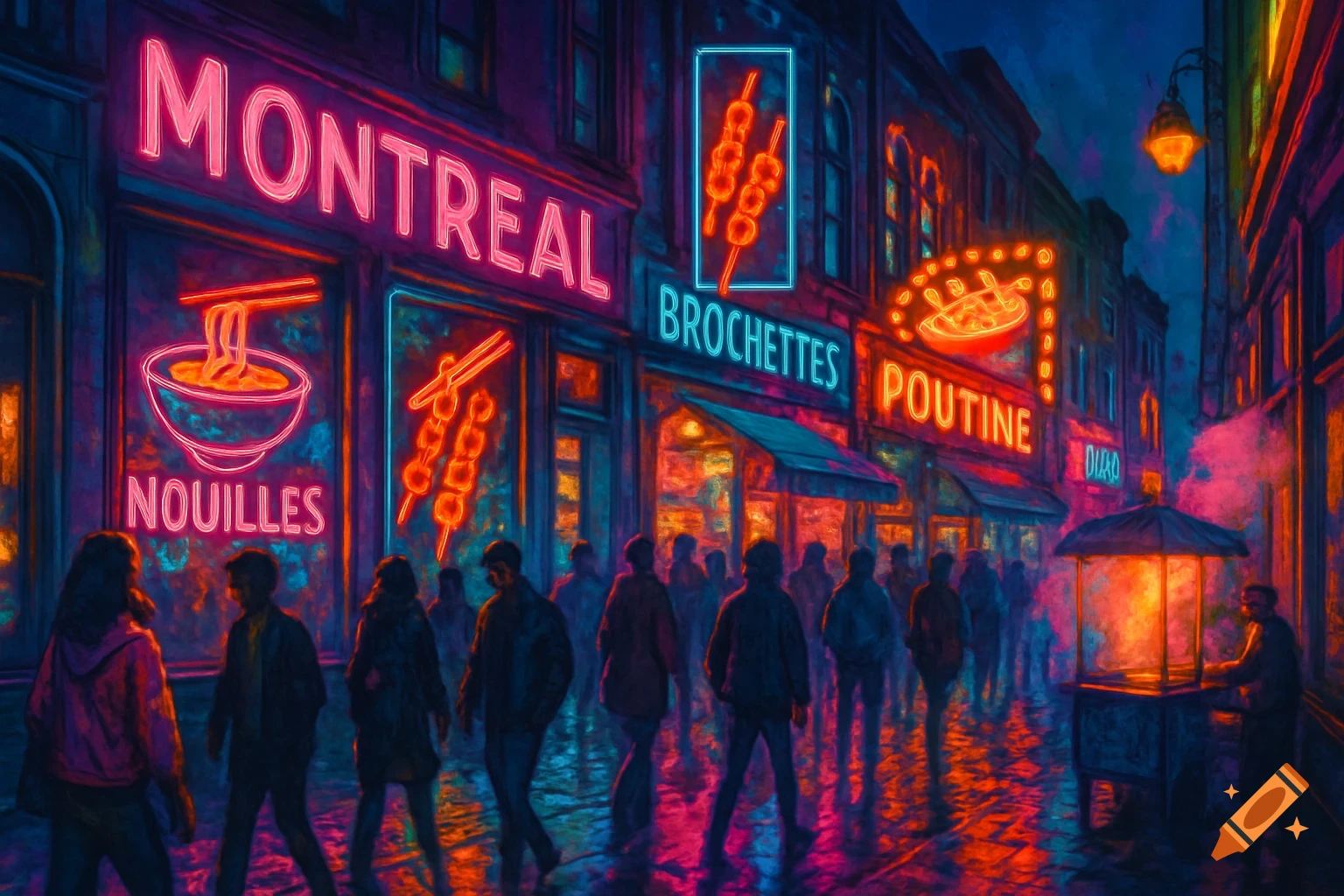 A vibrant, painterly night street scene in Montreal with glowing neon ...