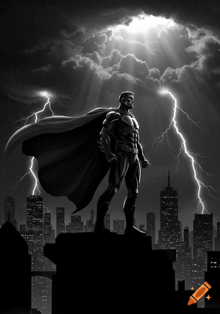 Greyscale comic art of a superhero with a flowing cape standing on a ...