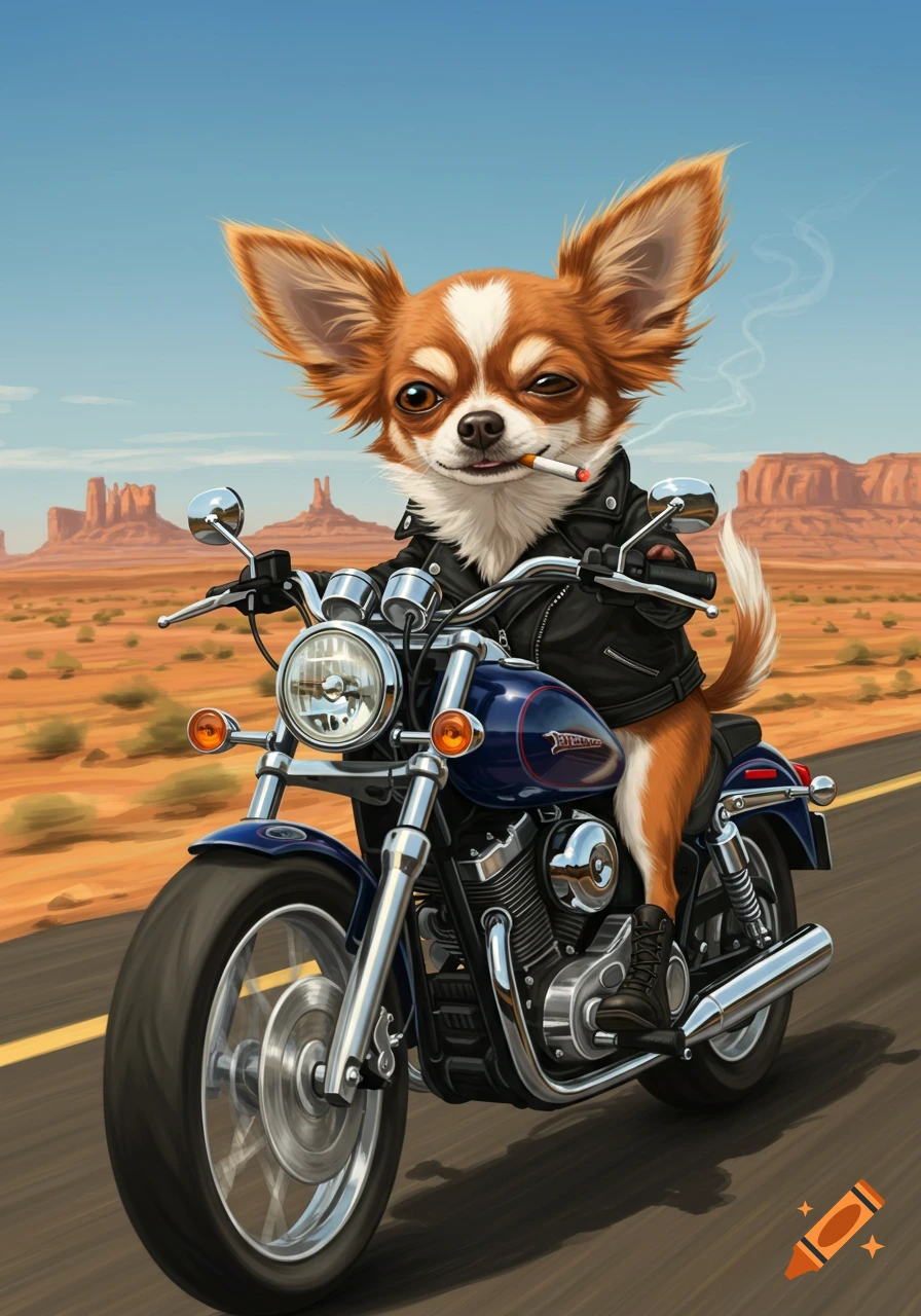 An anthropomorphic chihuahua in a leather jacket rides a blue ...