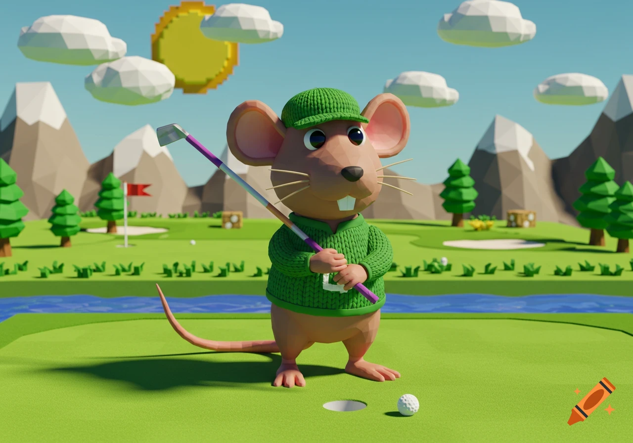 A low-poly cartoon rat in a green cap and sweater, holding a golf club ...