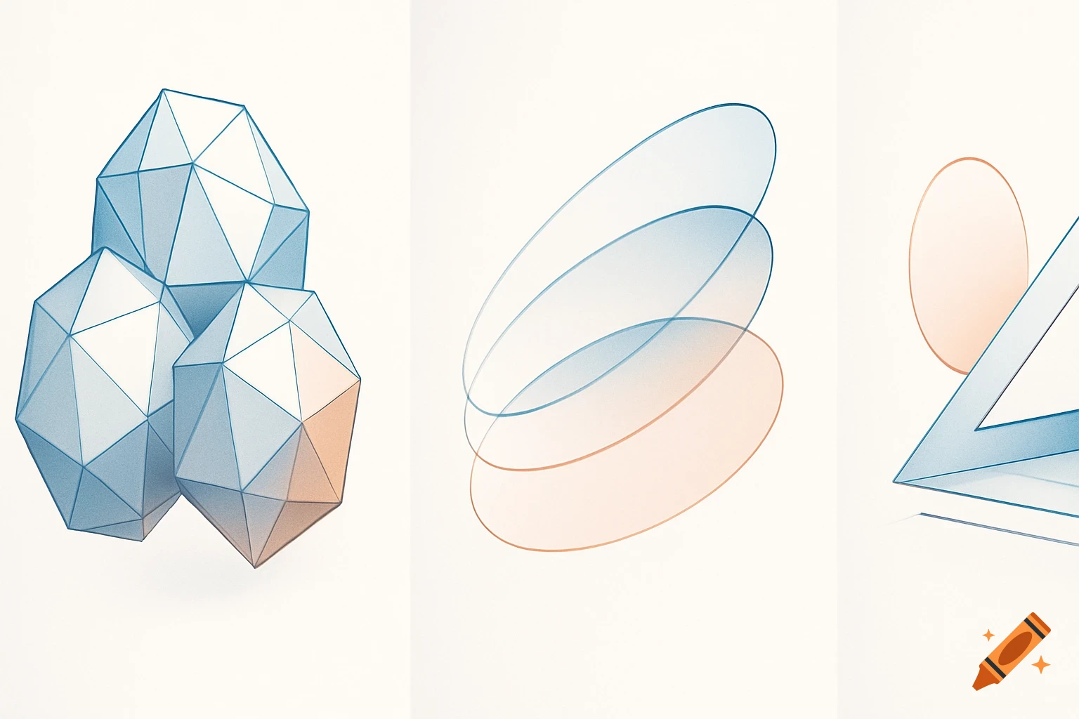 Abstract illustration in three parts: geometric polyhedra, overlapping ...