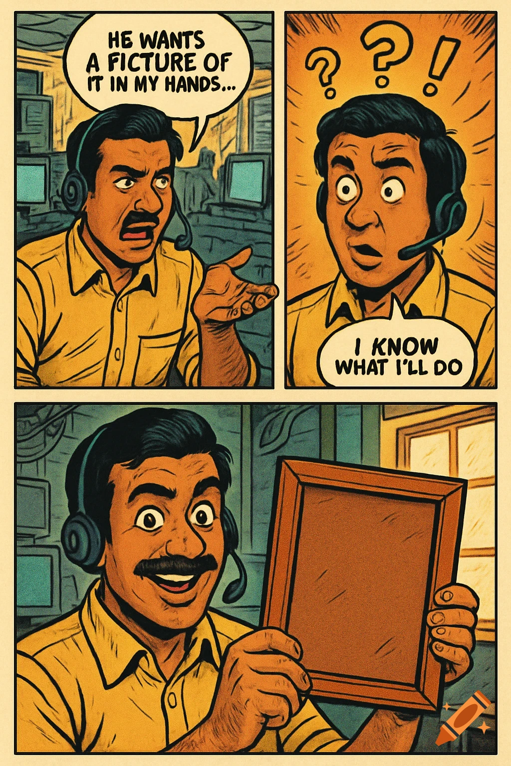 Comic strip of a man at tech support saying 'He wants a picture of it ...