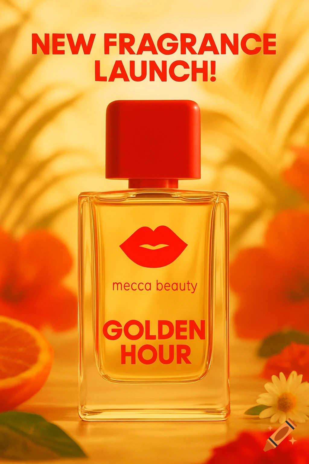 Promotional image of Mecca Beauty's Golden Hour perfume bottle with red ...
