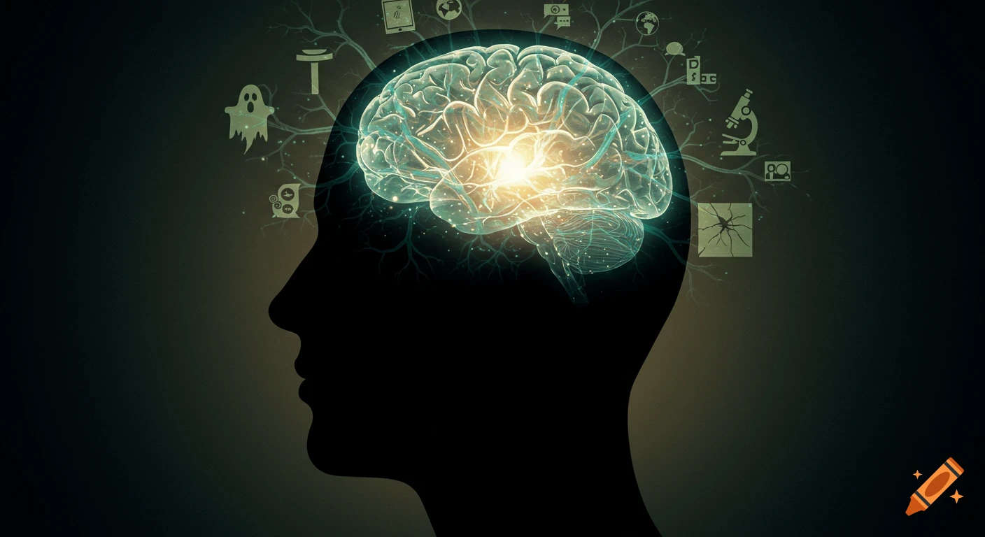 Side profile silhouette of a human head with a glowing brain made of neural networks, surrounded ...