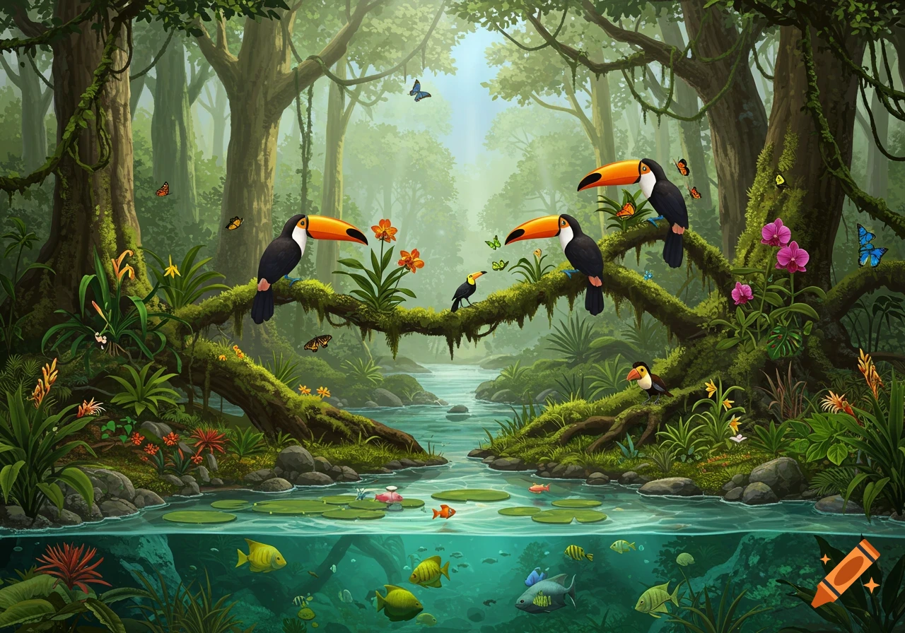 Vibrant rainforest scene with toucans perched on mossy branches over a ...