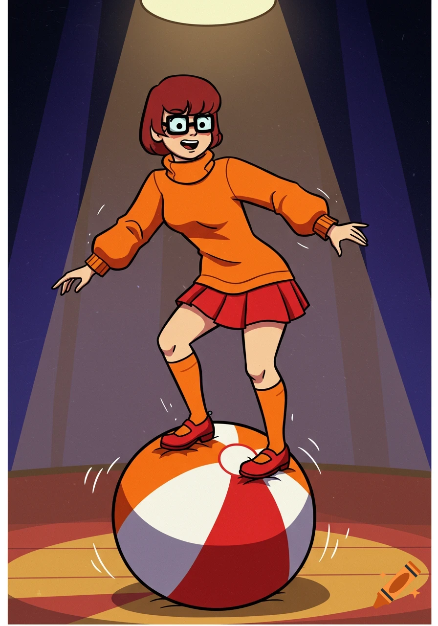 A joyful Velma Dinkley in her classic outfit precariously balances on a ...