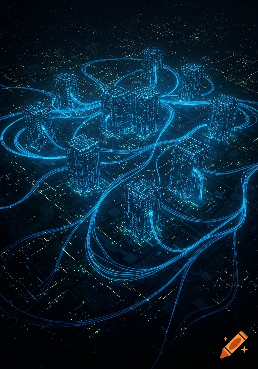 Aerial night view of glowing data-center buildings connected by bright ...